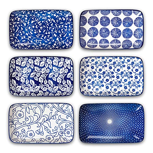 Selamica Ceramic 8 inch Rectangular Salad Plates, Dinner Plates, Pasta Dessert Plates Serving Trays for Appetizer, Sushi, Fruit - Microwave/oven/Dishwasher Safe, Set of 6, Vintage Blue