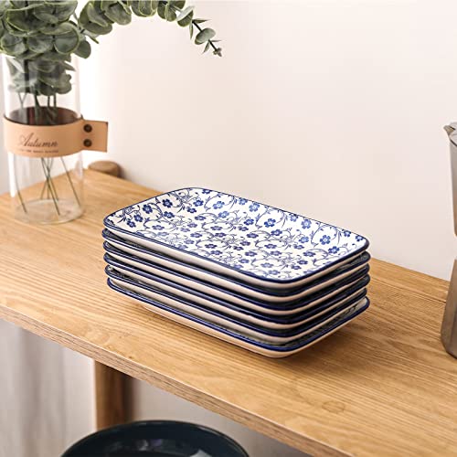 Selamica Ceramic 8 inch Rectangular Salad Plates, Dinner Plates, Pasta Dessert Plates Serving Trays for Appetizer, Sushi, Fruit - Microwave/oven/Dishwasher Safe, Set of 6, Vintage Blue