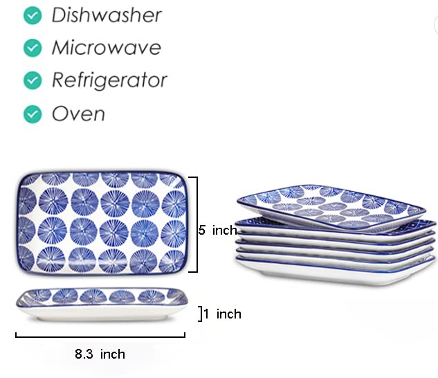 Selamica Ceramic 8 inch Rectangular Salad Plates, Dinner Plates, Pasta Dessert Plates Serving Trays for Appetizer, Sushi, Fruit - Microwave/oven/Dishwasher Safe, Set of 6, Vintage Blue