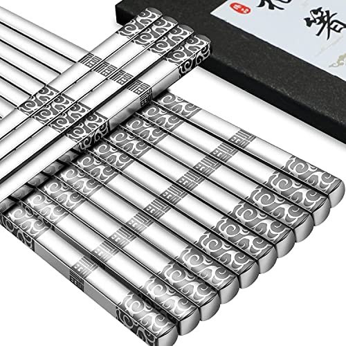 Metal Chopsticks 6 Pairs Stainless Steel Reusable Chopsticks Cute luck Laser Engraved Non-slip Korean Japanese Chinese Chopsticks,18/10 Stainless steel Dishwasher Safe 9 1/4 Inches 6 Pairs(lucky 6)