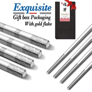 Metal Chopsticks 6 Pairs Stainless Steel Reusable Chopsticks Cute luck Laser Engraved Non-slip Korean Japanese Chinese Chopsticks,18/10 Stainless steel Dishwasher Safe 9 1/4 Inches 6 Pairs(lucky 6)