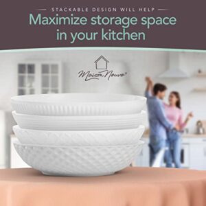 Maison Neuve Premium Porcelain White Dinner Bowls [Set of 4]- 34oz Dinnerware Kitchen Bowls For Soup, Noodle, Pasta, Salad, Cereal, Dessert- Durable Dishwasher-Safe 8.5” Serving Bowls- Textured White