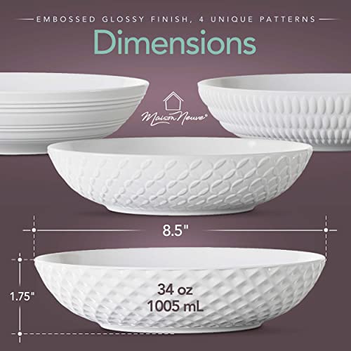 Maison Neuve Premium Porcelain White Dinner Bowls [Set of 4]- 34oz Dinnerware Kitchen Bowls For Soup, Noodle, Pasta, Salad, Cereal, Dessert- Durable Dishwasher-Safe 8.5” Serving Bowls- Textured White