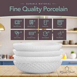 Maison Neuve Premium Porcelain White Dinner Bowls [Set of 4]- 34oz Dinnerware Kitchen Bowls For Soup, Noodle, Pasta, Salad, Cereal, Dessert- Durable Dishwasher-Safe 8.5” Serving Bowls- Textured White