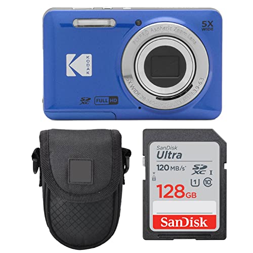 Kodak PIXPRO FZ55 Digital Camera (Blue) + Point & Shoot Camera Case + Sandisk 128GB SDXC Memory Card