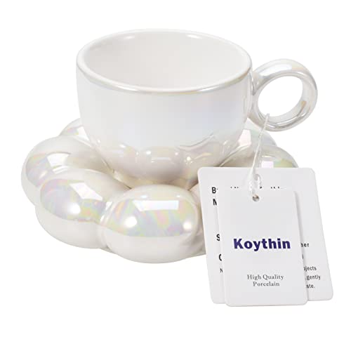 Koythin Ceramic Coffee Mug with Saucer Set, Creative Cute Cup with Sunflower Coaster for Office and Home, 6.5 oz/200 ml for Tea Latte Milk (Pearl White)