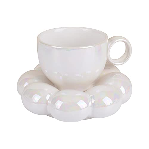 Koythin Ceramic Coffee Mug with Saucer Set, Creative Cute Cup with Sunflower Coaster for Office and Home, 6.5 oz/200 ml for Tea Latte Milk (Pearl White)