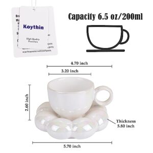 Koythin Ceramic Coffee Mug with Saucer Set, Creative Cute Cup with Sunflower Coaster for Office and Home, 6.5 oz/200 ml for Tea Latte Milk (Pearl White)