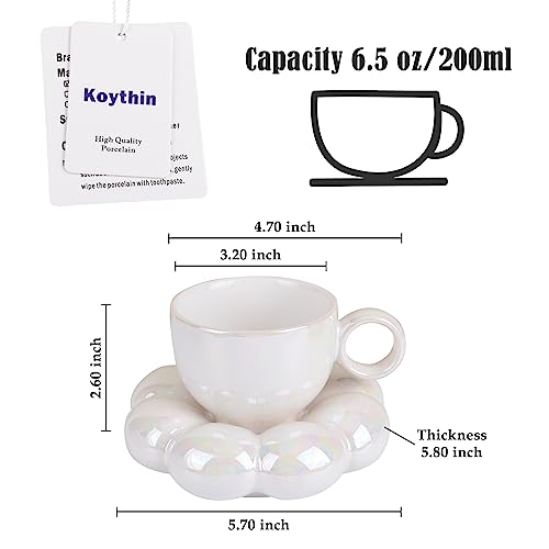 Koythin Ceramic Coffee Mug with Saucer Set, Creative Cute Cup with Sunflower Coaster for Office and Home, 6.5 oz/200 ml for Tea Latte Milk (Pearl White)