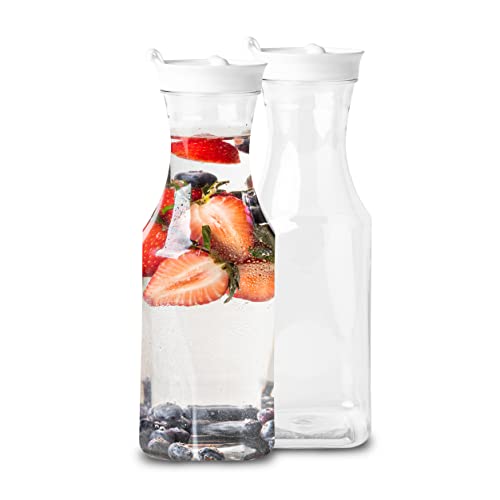 Party Bargains 34 Oz. Water Carafe with Flip Tab Lids - [2 Pack] White Lid Premium Quality & Heavy Duty Square Base Carafe with Lids - Perfect for Milk, Water, Iced Tea, Juice, Cold Brew, Mimosa Bar