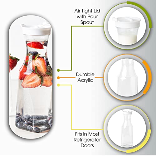 Party Bargains 34 Oz. Water Carafe with Flip Tab Lids - [2 Pack] White Lid Premium Quality & Heavy Duty Square Base Carafe with Lids - Perfect for Milk, Water, Iced Tea, Juice, Cold Brew, Mimosa Bar