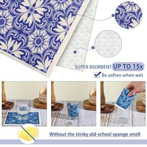 6 Pcs Swedish Kitchen Dish Cloths Kitchen Towels Reusable Sponge Cleaning Cloths Wipes Absorbent Dish Cloth Quick Drying Washable Decorative Tea Towels No Odor Bar Hand Towel (Blue Plaid)