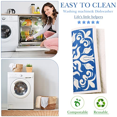 6 Pcs Swedish Kitchen Dish Cloths Kitchen Towels Reusable Sponge Cleaning Cloths Wipes Absorbent Dish Cloth Quick Drying Washable Decorative Tea Towels No Odor Bar Hand Towel (Blue Plaid)