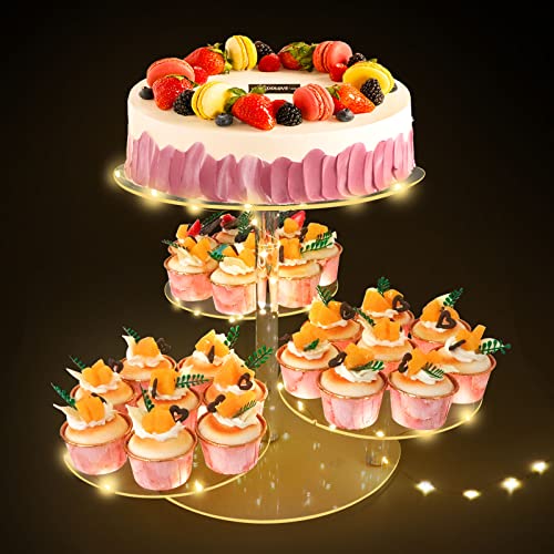 4 Tier Round Acrylic Cupcake Tower Stand for 50 Cupcakes, Cake Stand with LED String Light, Cupcake Holder for Halloween Christmas Birthday Wedding Graduation Baby Shower Tea Party