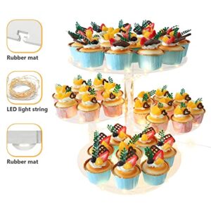 4 Tier Round Acrylic Cupcake Tower Stand for 50 Cupcakes, Cake Stand with LED String Light, Cupcake Holder for Halloween Christmas Birthday Wedding Graduation Baby Shower Tea Party