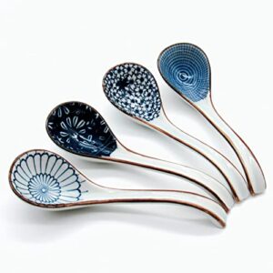 jobntz asian soup spoon,ceramic ramen spoon,6.4inch japanese pho spoon with long handle for miso,dumpling,noodles,wonton (blue and white porcelain, set of 4)