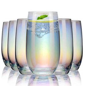 cukbless iridescent drinking glasses set of 6 - crystal highball water glasses - glass cups for water, juice, beverage, mojito-15 oz