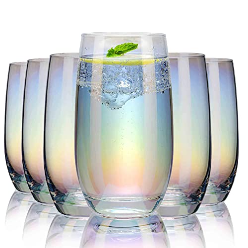 CUKBLESS Iridescent Drinking Glasses Set of 6 - Crystal Highball Water Glasses - Glass Cups for Water, Juice, Beverage, Mojito-15 Oz