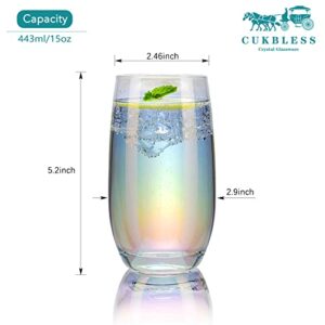 CUKBLESS Iridescent Drinking Glasses Set of 6 - Crystal Highball Water Glasses - Glass Cups for Water, Juice, Beverage, Mojito-15 Oz