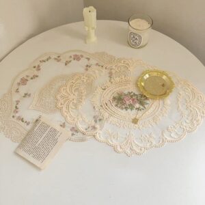 2Pack Retro Lace Placemats, French Crochet Doilies, Handmade Embroidered Table Mats, 12x16-in Beige Place Mats Cup Mat