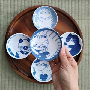 LOVE LOVE JAPAN Dessert Sushi Soy Sauce Salad Small Plate Set Ceramic Cats Design Set of 5 Made In Japan Sleeping Cat