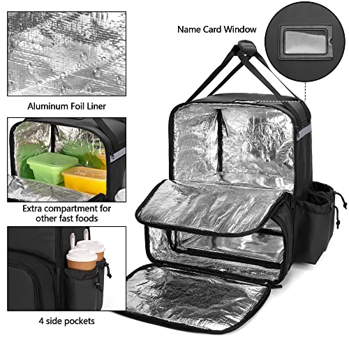 Trunab Expandable Food Delivery Backpack with 4 Cups Holder, 14” Pizza Delivery Bag with Support Boards, Insulated Delivery Bag with Reflective Strip for Bike Delivery, Uber Eats (Patent Design)