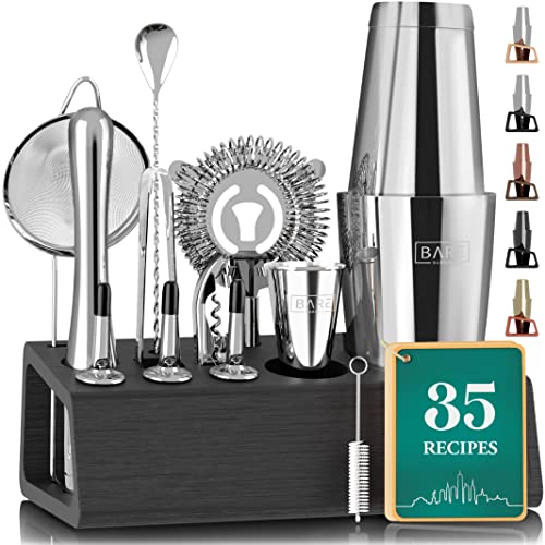 Pro Mixology Bartender Set Bar Kit | 14-Piece Boston Cocktail Shaker Set | Professional Barware Mixing Tools for Home Bartending | Bamboo Stand Recipe Cards | Gift Set for Him & Her (Silver Black)