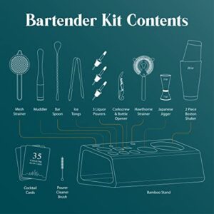 Pro Mixology Bartender Set Bar Kit | 14-Piece Boston Cocktail Shaker Set | Professional Barware Mixing Tools for Home Bartending | Bamboo Stand Recipe Cards | Gift Set for Him & Her (Silver Black)