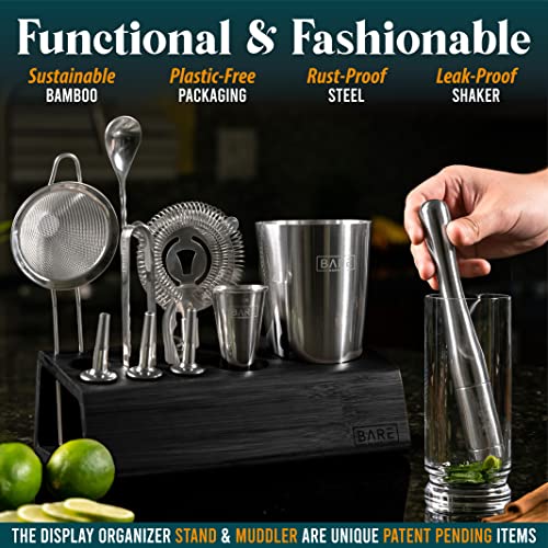 Pro Mixology Bartender Set Bar Kit | 14-Piece Boston Cocktail Shaker Set | Professional Barware Mixing Tools for Home Bartending | Bamboo Stand Recipe Cards | Gift Set for Him & Her (Silver Black)