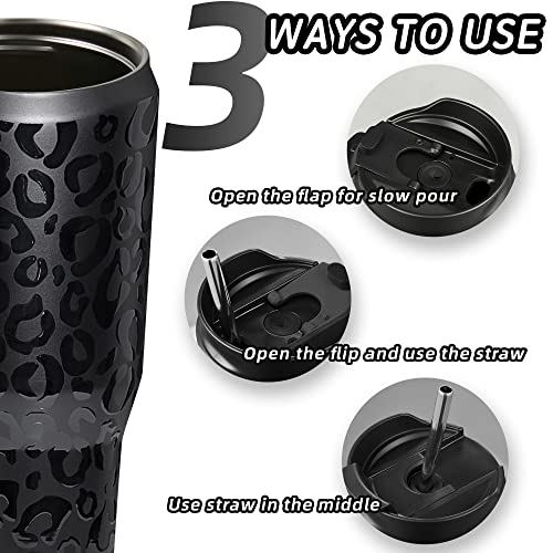 Zibtes 40oz Insulated Tumbler With Lid and Straws, Stainless Steel Double Vacuum Coffee Tumbler With Handle, Keeps Drinks Cold up to 34 Hours or Hot for 12 Hours(Black Leopard 1 pack)