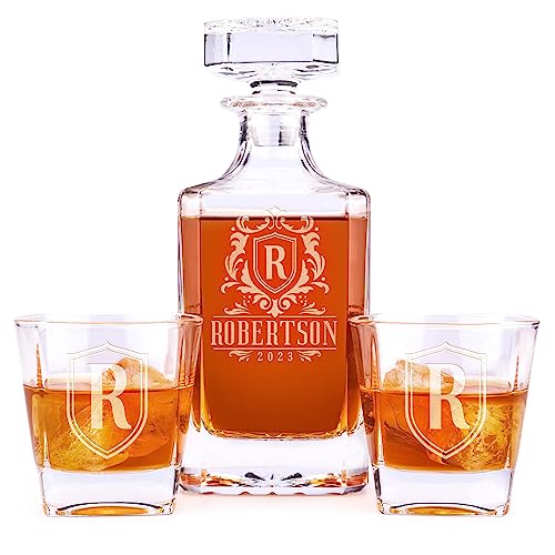 Personalized Whiskey Decanter Set - 5 Design Options - Custom Liquor 25 oz, 750ml Liquor Decanter w/Whiskey Glass Set Options, Birthday & Retirement Gifts for Men