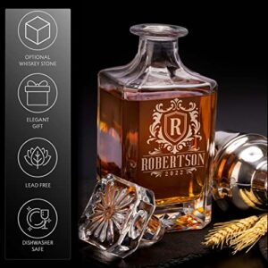 Personalized Whiskey Decanter Set - 5 Design Options - Custom Liquor 25 oz, 750ml Liquor Decanter w/Whiskey Glass Set Options, Birthday & Retirement Gifts for Men