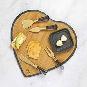 Paris Hilton Charcuterie Board and Serving Set, Bamboo Serving Board, Ceramic Dish, Cheese Utensils with Titanium Coated Blades, 6-Piece Set, Charcoal Gray