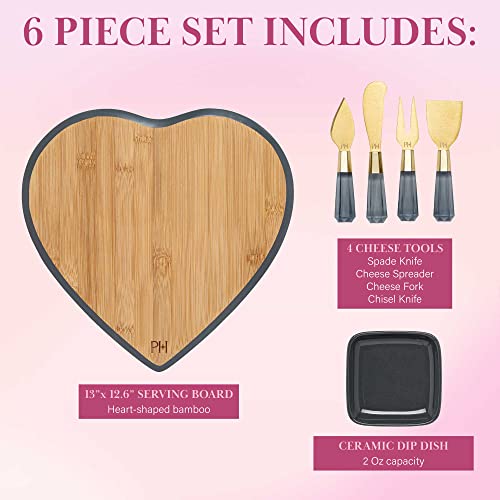 Paris Hilton Charcuterie Board and Serving Set, Bamboo Serving Board, Ceramic Dish, Cheese Utensils with Titanium Coated Blades, 6-Piece Set, Charcoal Gray