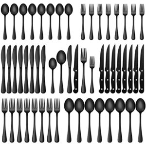 48-piece black silverware set with steak knives, aiviki black flatware set for 8, stainless steel cutlery set, tableware utensils includes spoons forks knives for home, kitchen, restaurant