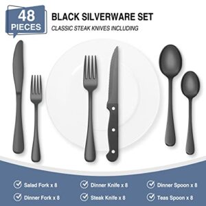 48-Piece Black Silverware Set with Steak Knives, AIVIKI Black Flatware Set for 8, Stainless Steel Cutlery Set, Tableware Utensils Includes Spoons Forks Knives for Home, Kitchen, Restaurant