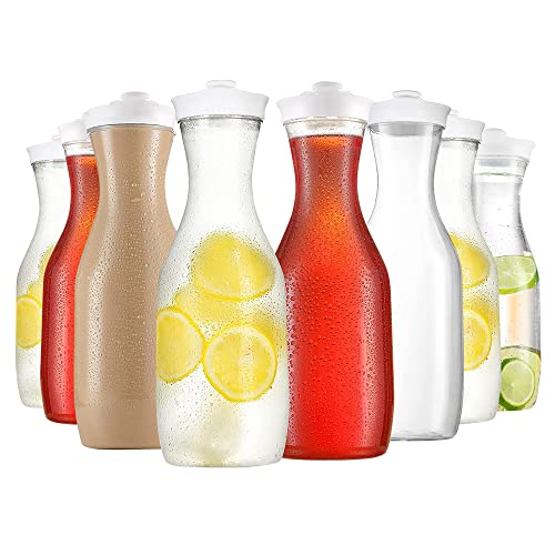 8 Pack Large Carafe Pitchers - 1 liter, Narrow-Neck and Easy-Grip Water, Wine & Juice Carafes with Sturdy Screw-on Lids, Great for Mimosa Bar - by Lendra