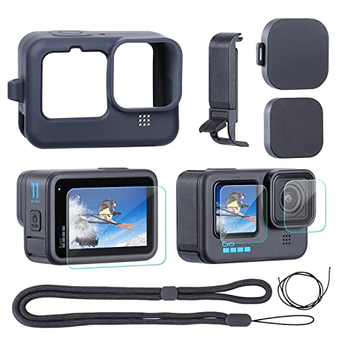 SEASKY 6 in 1 Protective Kit Accessories for Gopro Hero 11/10/9 Black Action Camera Silicone Shell Case Housing+3Pcs Glass Screen Protector+Directly Chargeable Side Cover+Lens Cover Cap+Lanyard