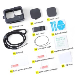 SEASKY 6 in 1 Protective Kit Accessories for Gopro Hero 11/10/9 Black Action Camera Silicone Shell Case Housing+3Pcs Glass Screen Protector+Directly Chargeable Side Cover+Lens Cover Cap+Lanyard