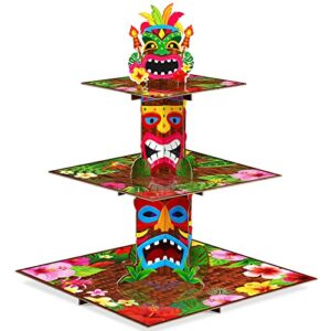 3 tier hawaiian cupcake stand tiki torch cupcake holder luau theme cake holder decorations tropical cupcake dessert holder for summer pool beach birthday party supplies (1 pack)