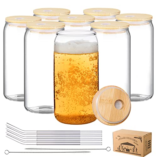 MMonDod 8 Pack Glass Cups with Lids and Straws,Iced Coffee Cup,Glass Beer Cups with Bamboo Lids and Straws,Can Shaped Glass Cups,Glass Soda Can Cup,16 oz Can Tumbler Glasses with Lid and Straw