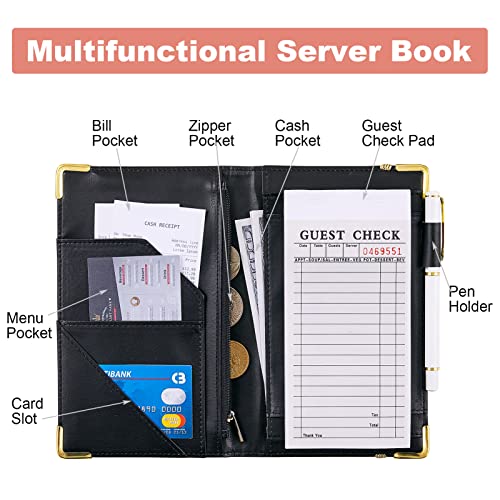 Server Book, Bienbee Waitress Book Server Books for Waitress Waiter with Money Zipper Pocket Serving Book Server Notepad Waitress Accessories