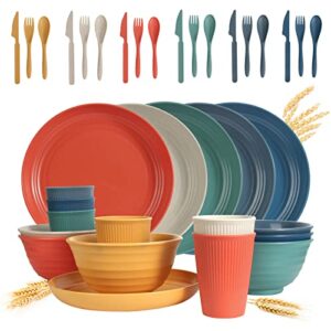 wheat straw dinnerware sets - sgaofiee 36 piece unbreakable dinnerware sets, reusable wheat straw plates and bowls sets, travel camping cutlery set, dishwasher microwave safe dinnerware