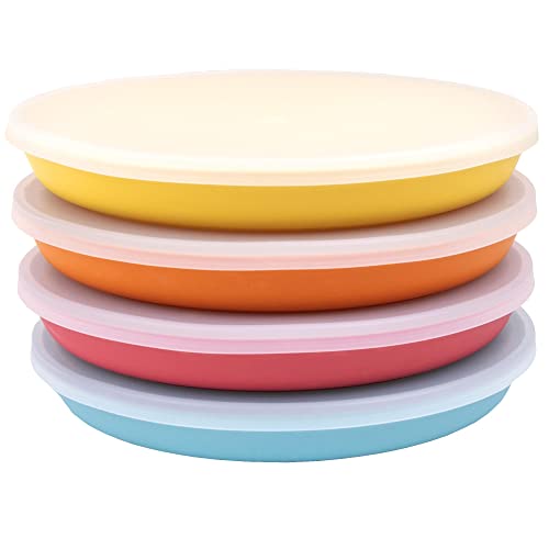 WeeSprout Bamboo, Silicone, Melamine Dishware Plate with Lids, Set of 4, Kid-Sized Design for Leftovers, Dishwasher Safe (Blue, Yellow, Orange, and Red)