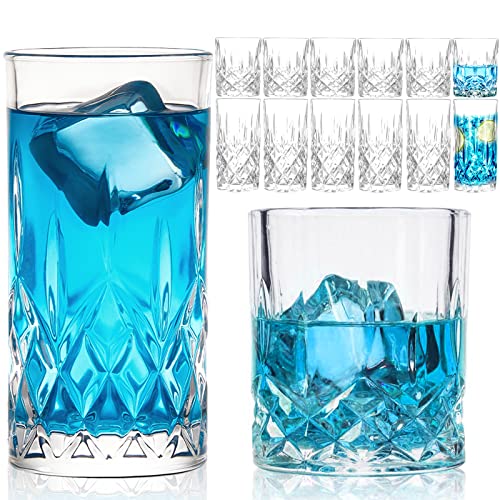 Claplante Drinking Glasses, 12 Piece Crystal Glass Cups, Mixed Glassware Set, 6 pcs Crystal Old Fashioned 11oz Highballs and 6 pcs 11oz Whiskey Glasses, Great for Cocktail, Whisky and other Beverages