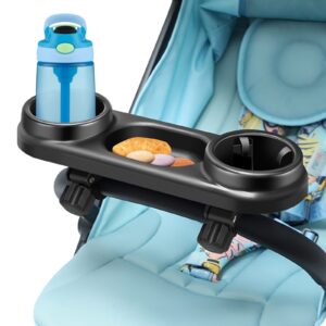 Piosoo Stroller Snack Tray with Cup Holder, Universal Stroller Snack Attachment, Upgraded Removable Non-Slip Grip Clip for Stroller Bar, Large Capacity