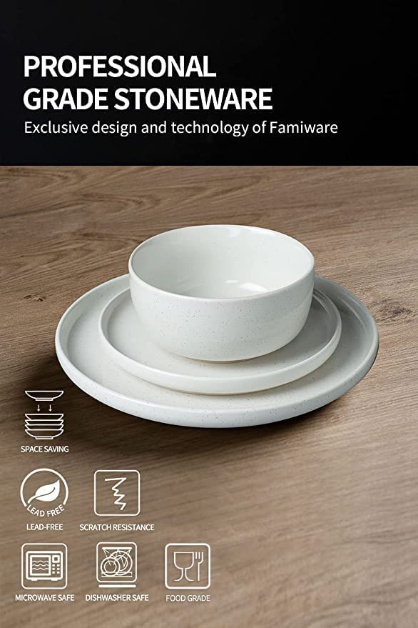 Famiware Plates and Bowls Set, 12 Pieces Dinnerware Sets, Dishes Set for 4, White