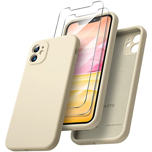 ORNARTO Compatible with iPhone 11 Case 6.1 inch, with 2 x Screen Protector Liquid Silicone Gel Rubber Cover [Square Edge] [Full Body] Shockproof Protective Phone Case for iPhone 11-Beige