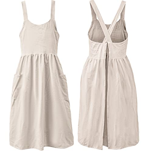 Cotton Linen Apron Cross Back Work Apron for Women with Pockets Pinafore Dress X Cross Halter Apron for Baking Chef Gardening (Beige)