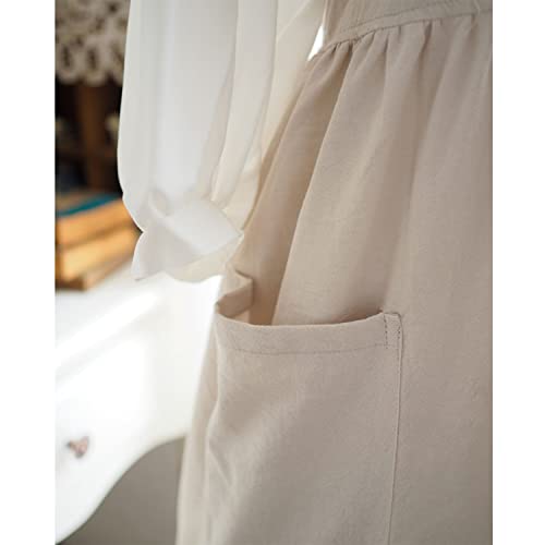 Cotton Linen Apron Cross Back Work Apron for Women with Pockets Pinafore Dress X Cross Halter Apron for Baking Chef Gardening (Beige)